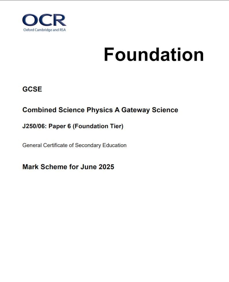 OCR GCSE Combined Science Physics a Paper 6 2025 Mark Scheme J250/06 - Etsy