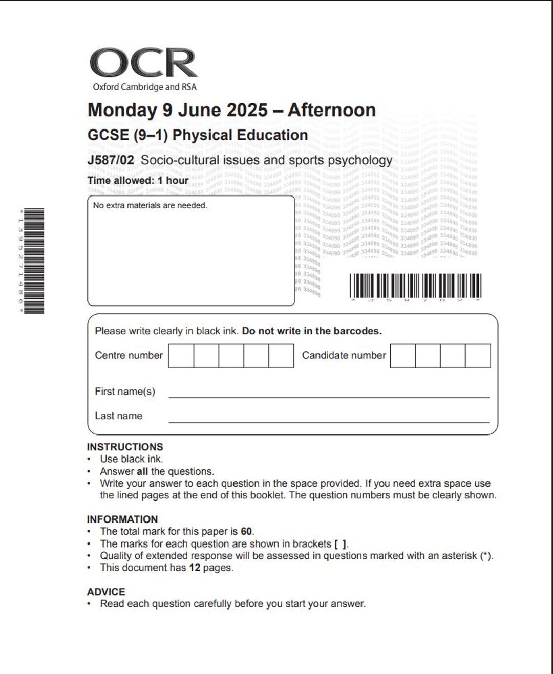 OCR GCSE Physical Education Paper 2 2025 Mark Scheme J587/02 - Etsy