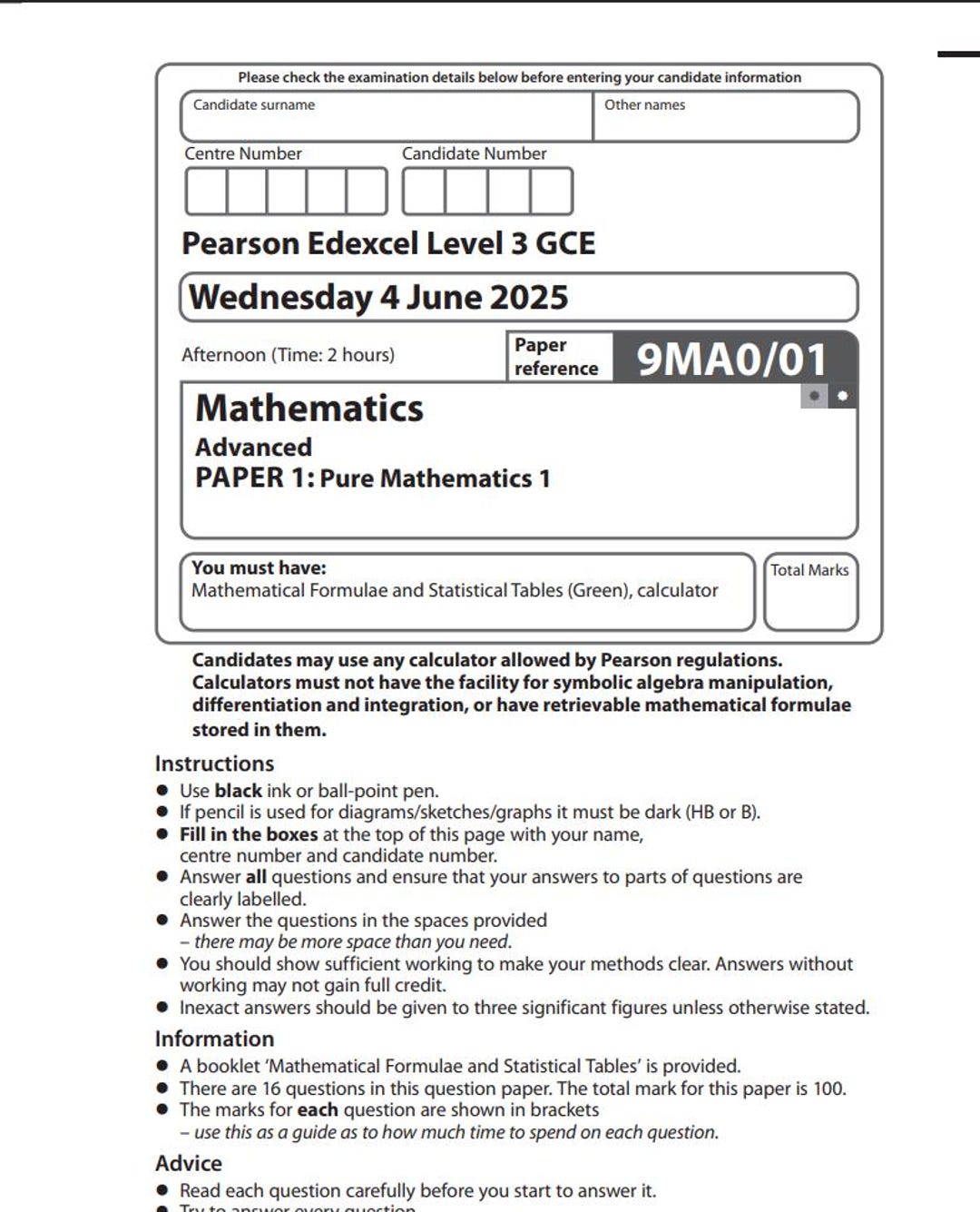 2025 Pearson Edexcel a Level Mathematik Papier 1 und Mark Scheme 9MA0 ...