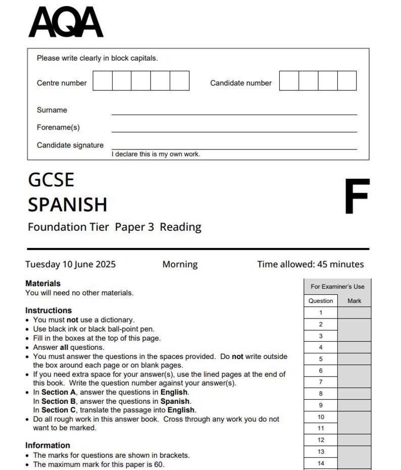 AQA GCSE Spanish Paper 3 2025 Mark Scheme 8698/RF - Etsy