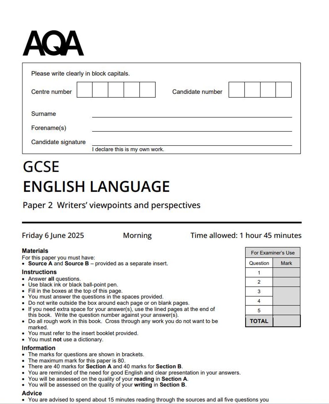 2025 Aqa Gcse English Language Paper 2, Mark Scheme + Insert 8700/2 ...