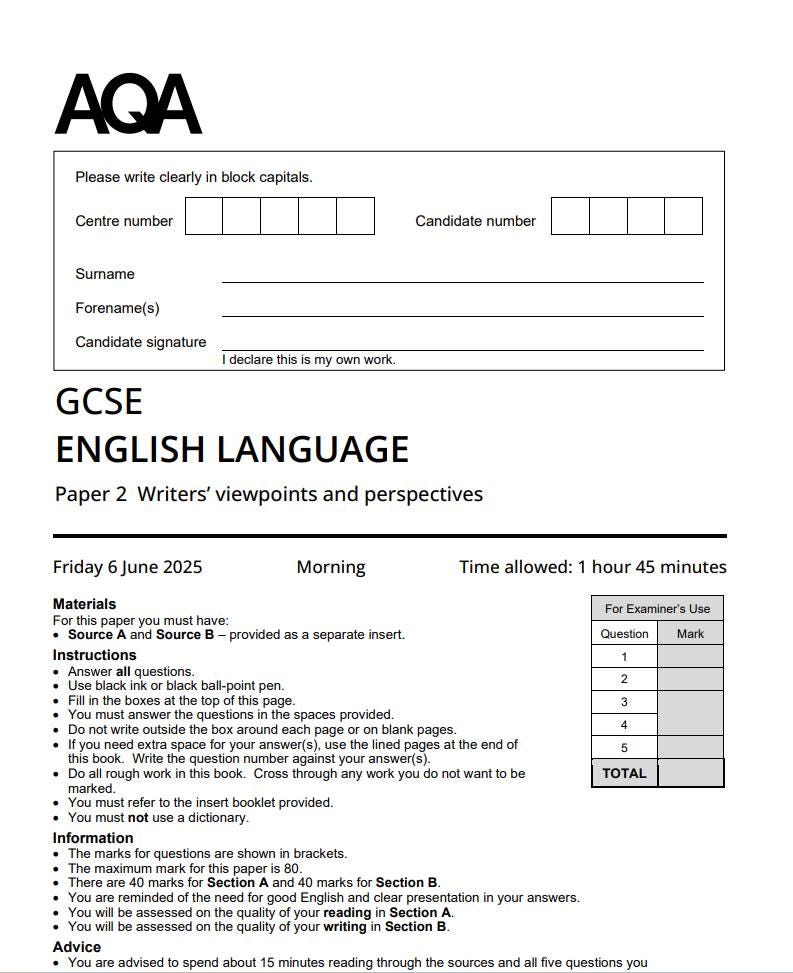 2025 Aqa Gcse English Language Paper 2, Mark Scheme + Insert 8700/2 ...