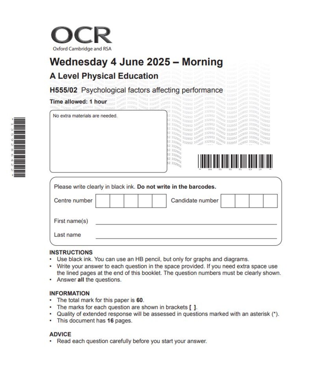 OCR A Level Physical Education Paper 2 2025 Mark Scheme H555/02 - Etsy