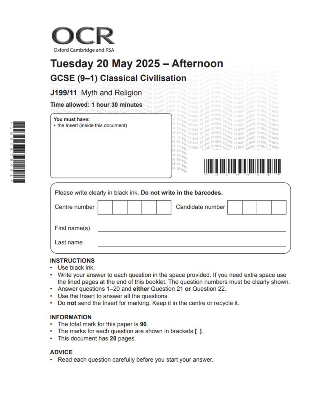 OCR GCSE Classical Civilisation Paper 11 and Mark Scheme + Insert J199 ...