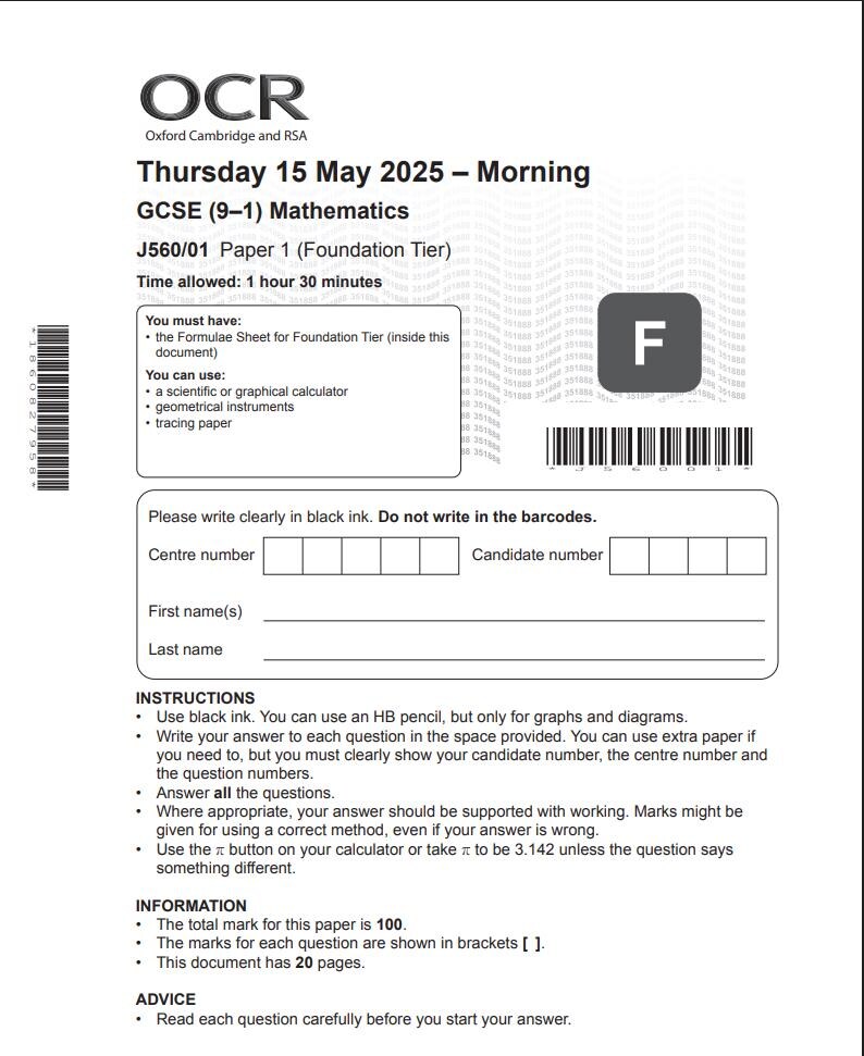 OCR GCSE Mathematics Paper 1 2025 Mark Scheme J560/01 - Etsy UK