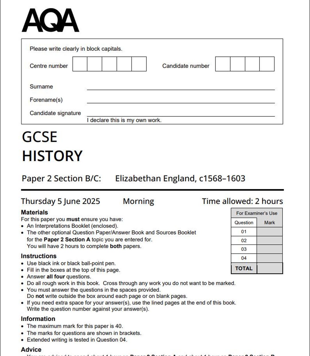 AQA GCSE History Paper 2 Section B/C 2025 Mark Scheme 8145/2B/C - Etsy