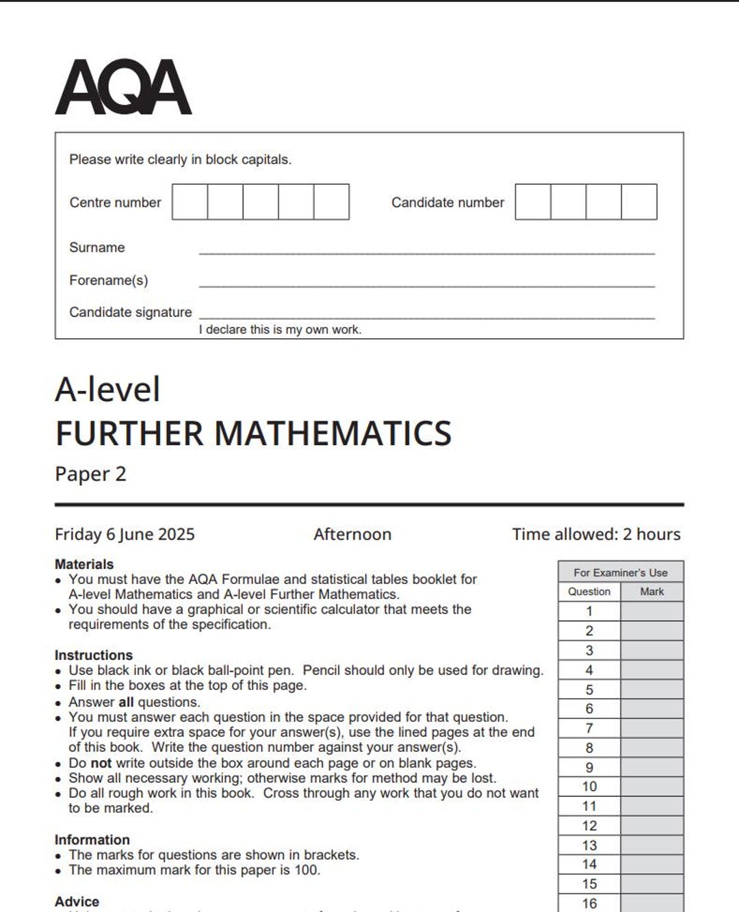 AQA A Level More Mathematik Paper 2 2025 Mark Scheme 7367/2 - Etsy.de