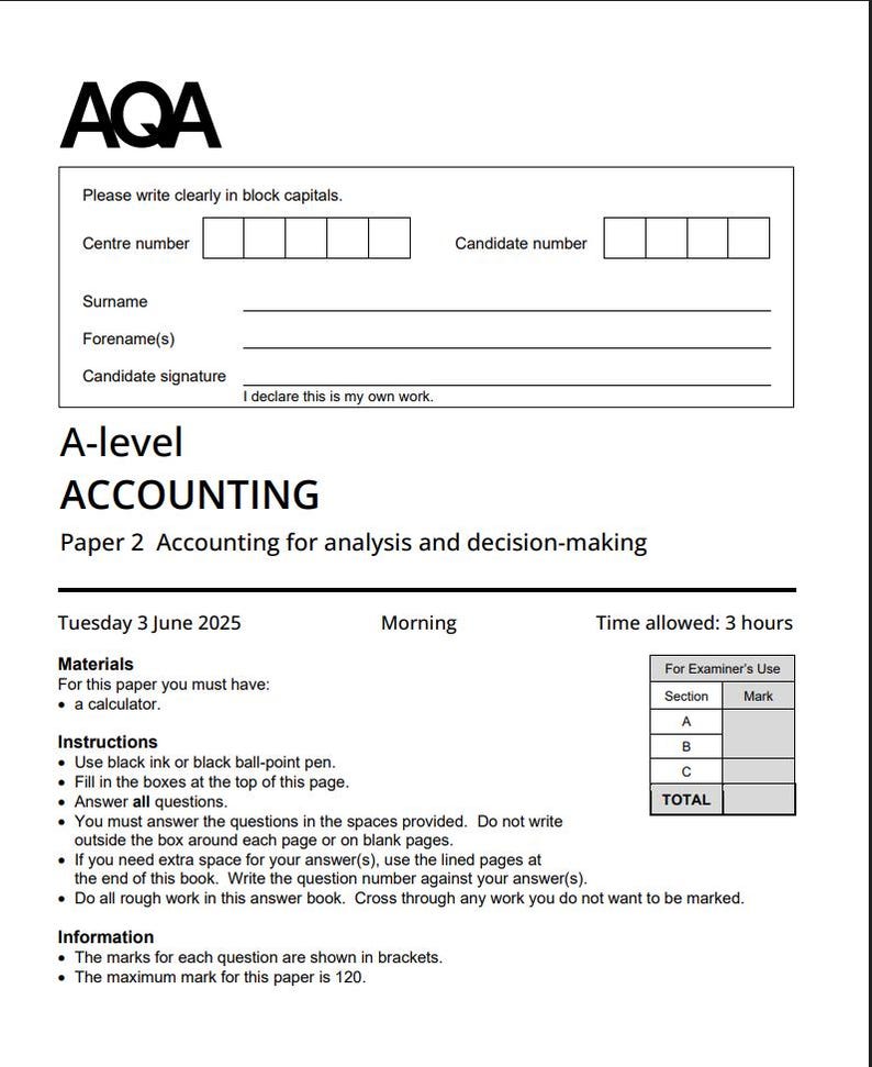 Aqa a Level Accounting Paper 2 2025 Mark Scheme 7127/2 - Etsy Canada