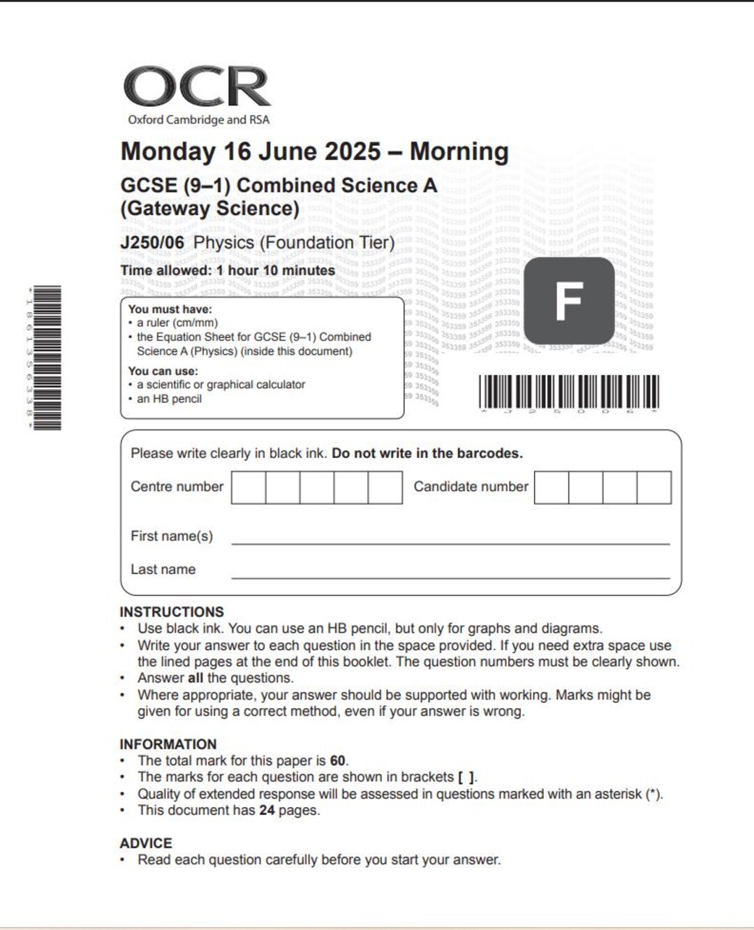 OCR GCSE Combined Science Physics a Paper 6 2025 Mark Scheme J250/06 - Etsy