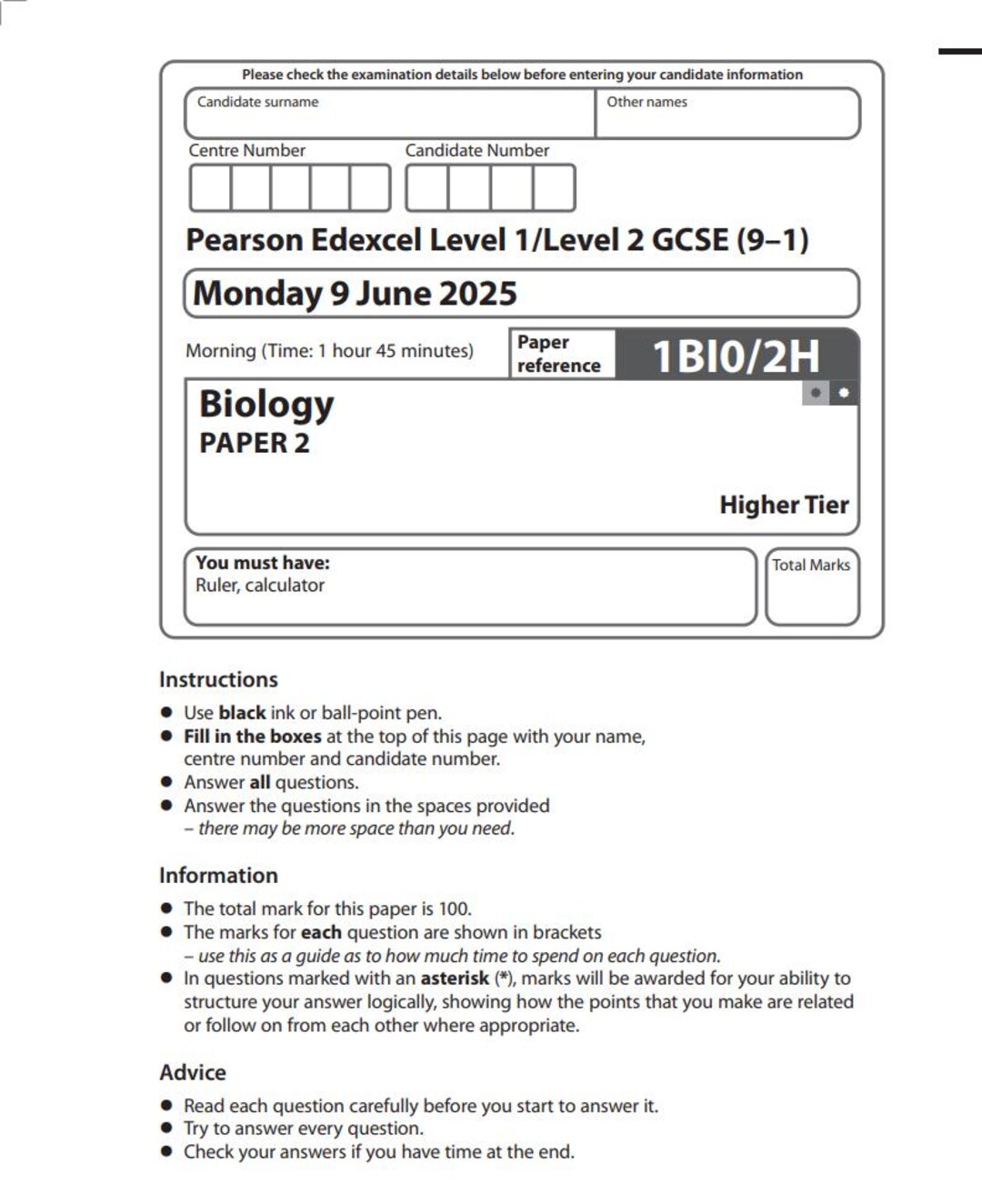 2025 Pearson Edexcel Gcse Biology Paper 2h and Mark Scheme 1bi0/2h - Etsy