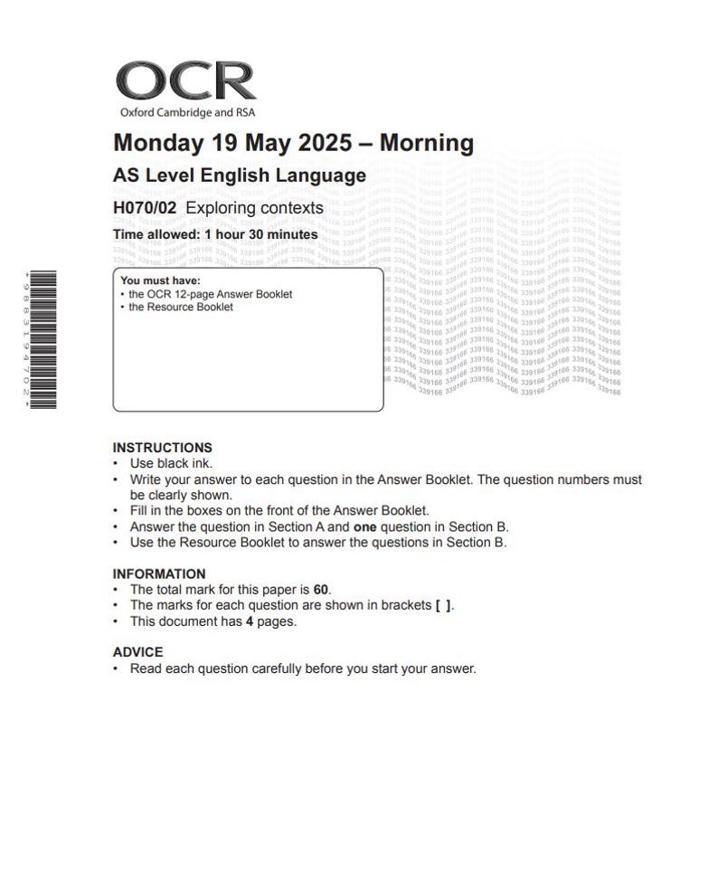 OCR AS Level English Language Paper 2 2025 Mark Scheme H070/02 - Etsy