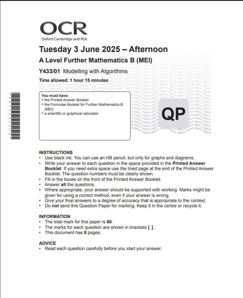 OCR A Level Further Mathematics B Paper 1 2025 Mark Scheme Y433/01 - Etsy
