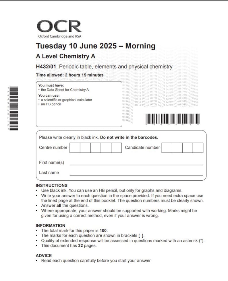 OCR A Level Chemistry A Paper 1 2025 Mark Scheme H432/01 - Etsy Australia