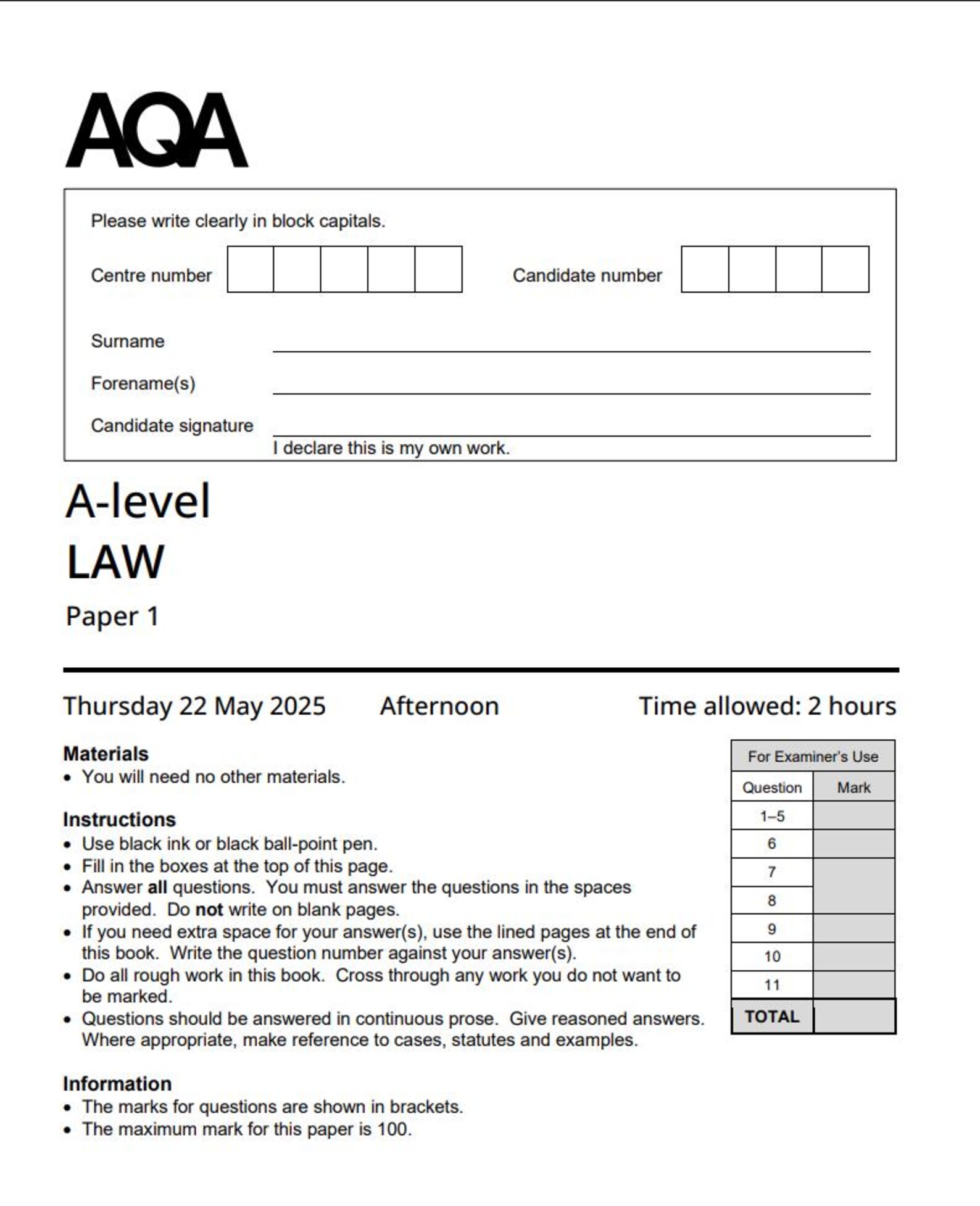 AQA A Level Law Paper 1 2025 Schema di valutazione 7162/1 - Etsy Italia
