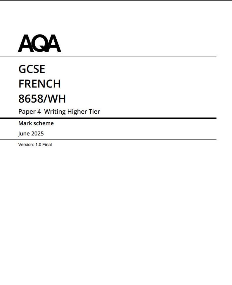 AQA GCSE French Paper 4 2025 Mark Scheme 8658/WH - Etsy