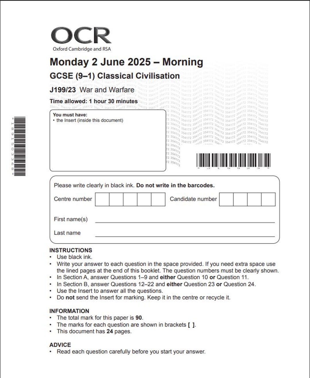 Ocr Gcse Classical Civilisation Paper 23 and Mark Scheme + Insert J199 ...