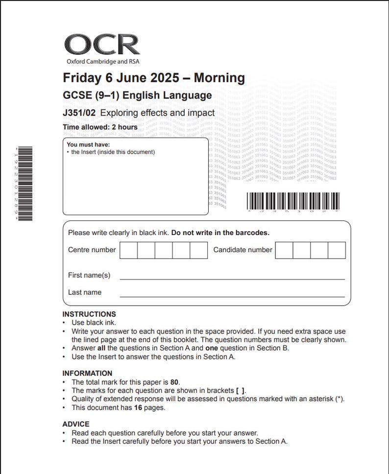 OCR GCSE English Language Paper 2 2025 Mark Scheme J351/02 - Etsy