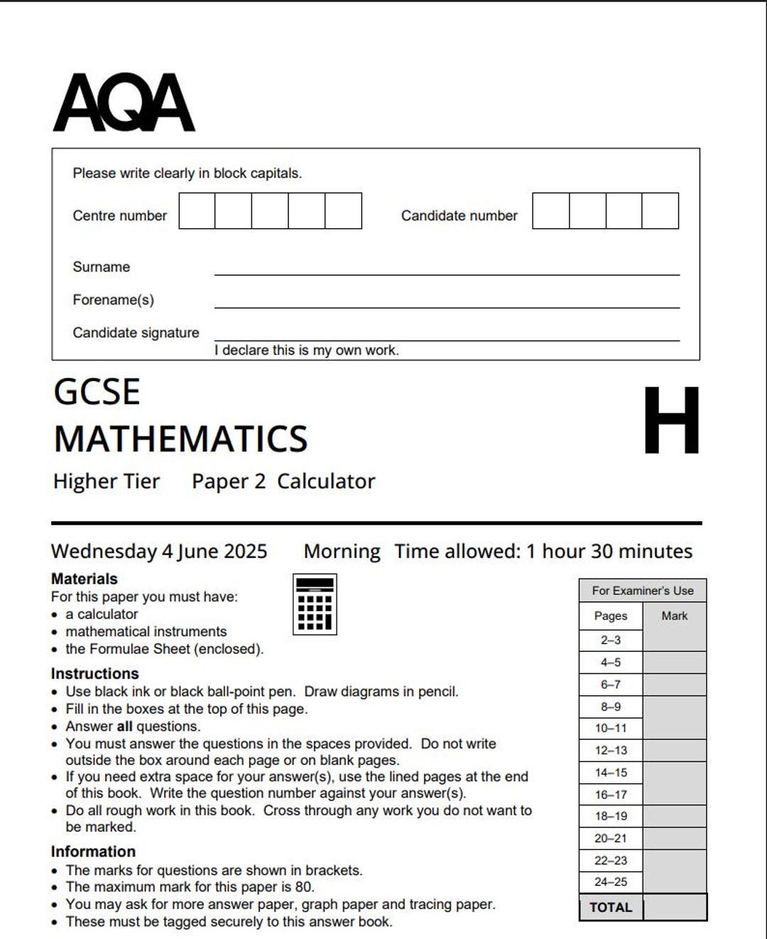 2025 Aqa Gcse Mathematics Paper 2 and Mark Scheme 8300/2h - Etsy UK
