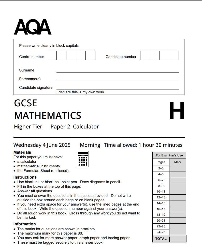 2025 Aqa Gcse Mathematics Paper 2 and Mark Scheme 8300/2h - Etsy UK