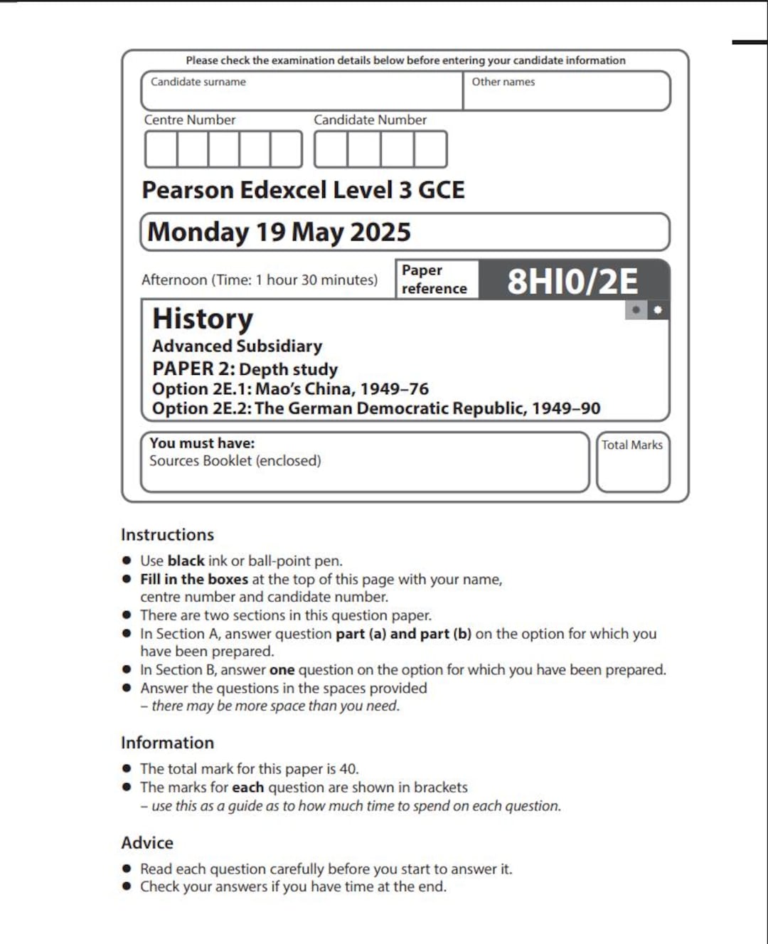 Pearson Edexcel AS Level History Paper 2 2025 Mark Scheme 8HI0/2E ...