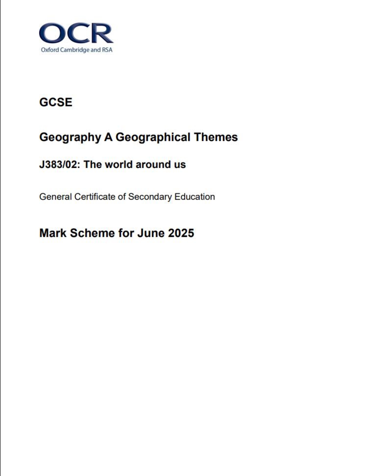 OCR GCSE Geography a Geographical Themes Paper 2 and Mark Scheme J383 ...
