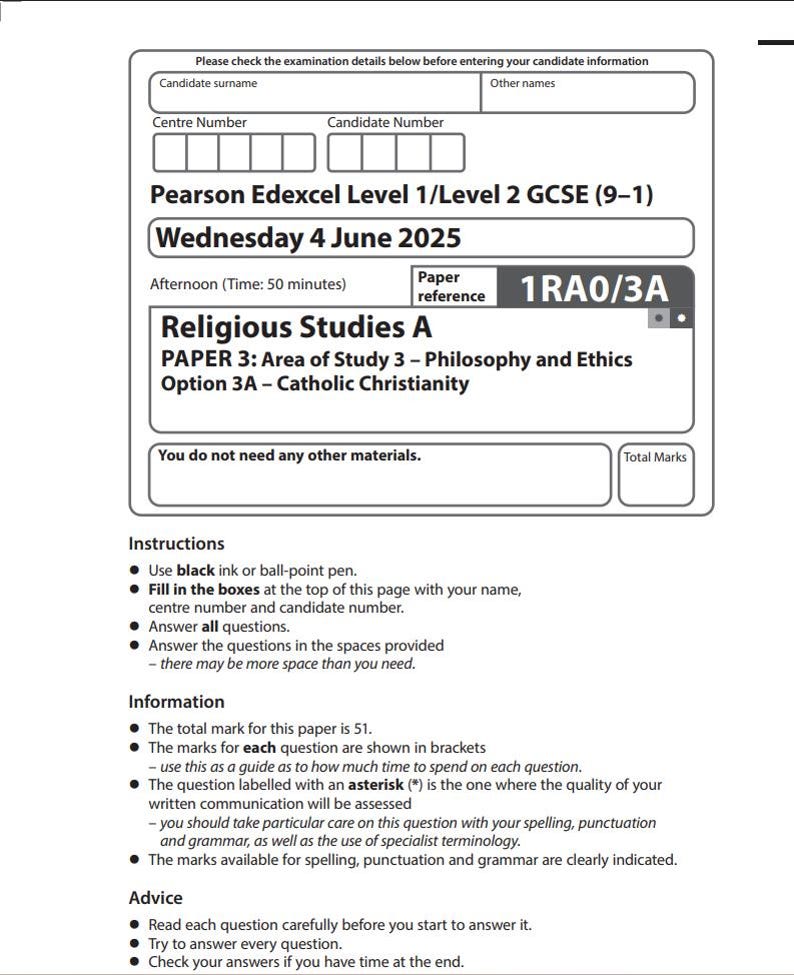 2025 Pearson Edexcel GCSE Religious Studies a Paper 3 and Mark Scheme ...