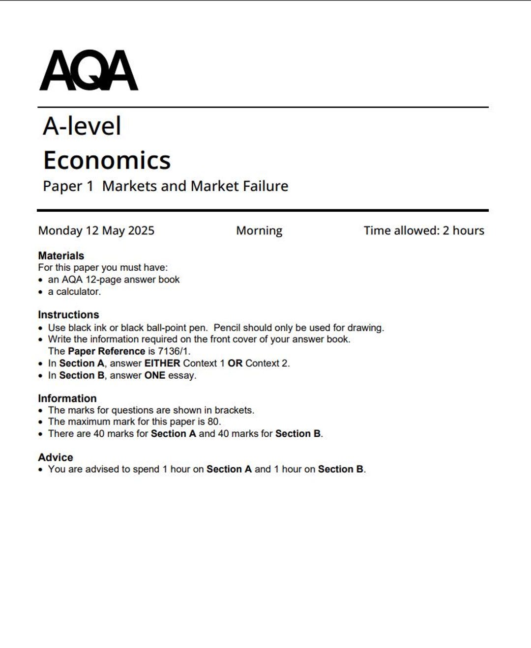 AQA A Level Economics Paper 1 2025 Mark Scheme 7136/1 - Etsy