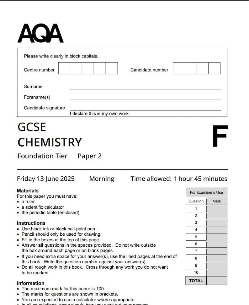 AQA GCSE Chemistry Paper 2 2025 Mark Scheme 8462/2F - Etsy UK