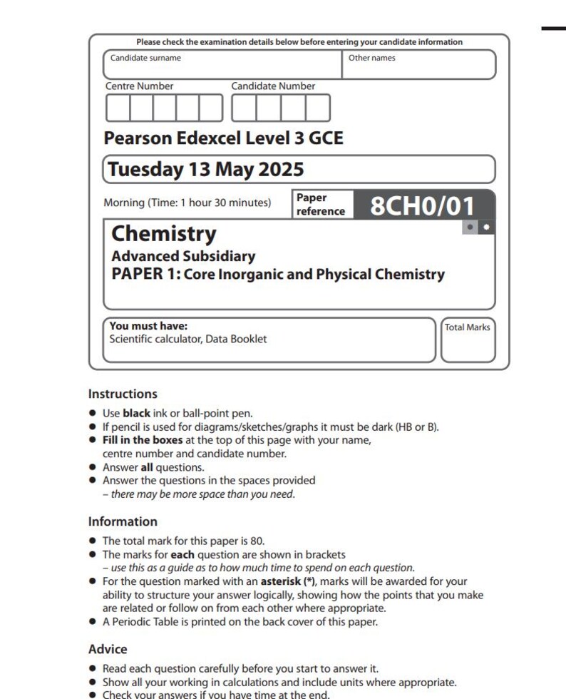 2025 Pearson Edexcel as Level Chemistry Paper 1 and Mark Scheme 8ch0/01 ...