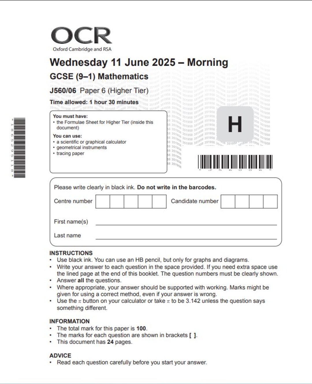 Ocr Gcse Mathematics Paper 6 2025 Mark Scheme J560/06 - Etsy