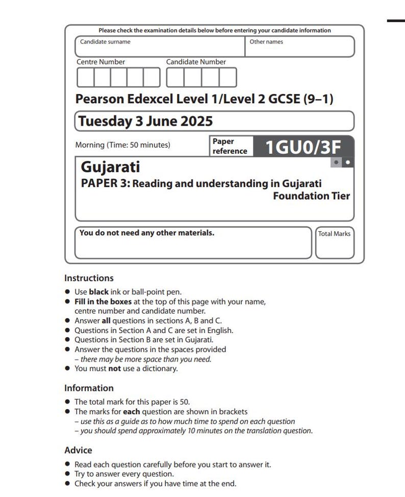 2025 Pearson Edexcel Gcse Gujarati Paper 3f and Mark Scheme 1gu03f ...
