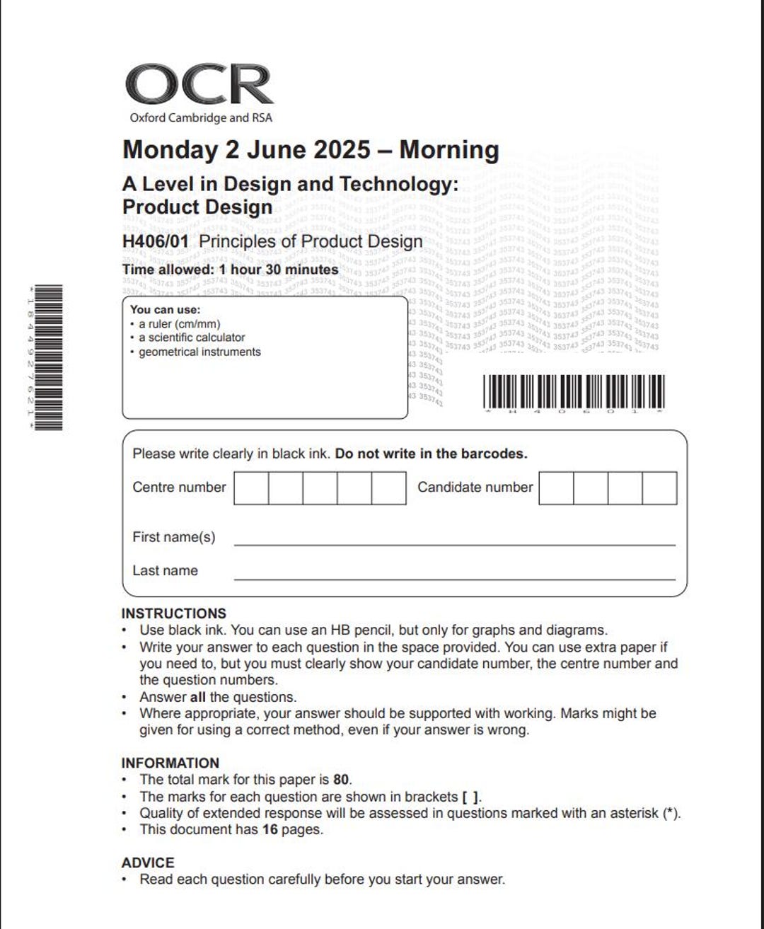 OCR A Level Design und Technik Papier 1 2025 Mark Scheme H406/01 - Etsy.de