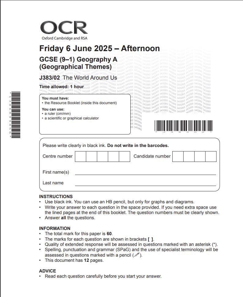 OCR GCSE Geography a Geographical Themes Paper 2 and Mark Scheme J383 ...