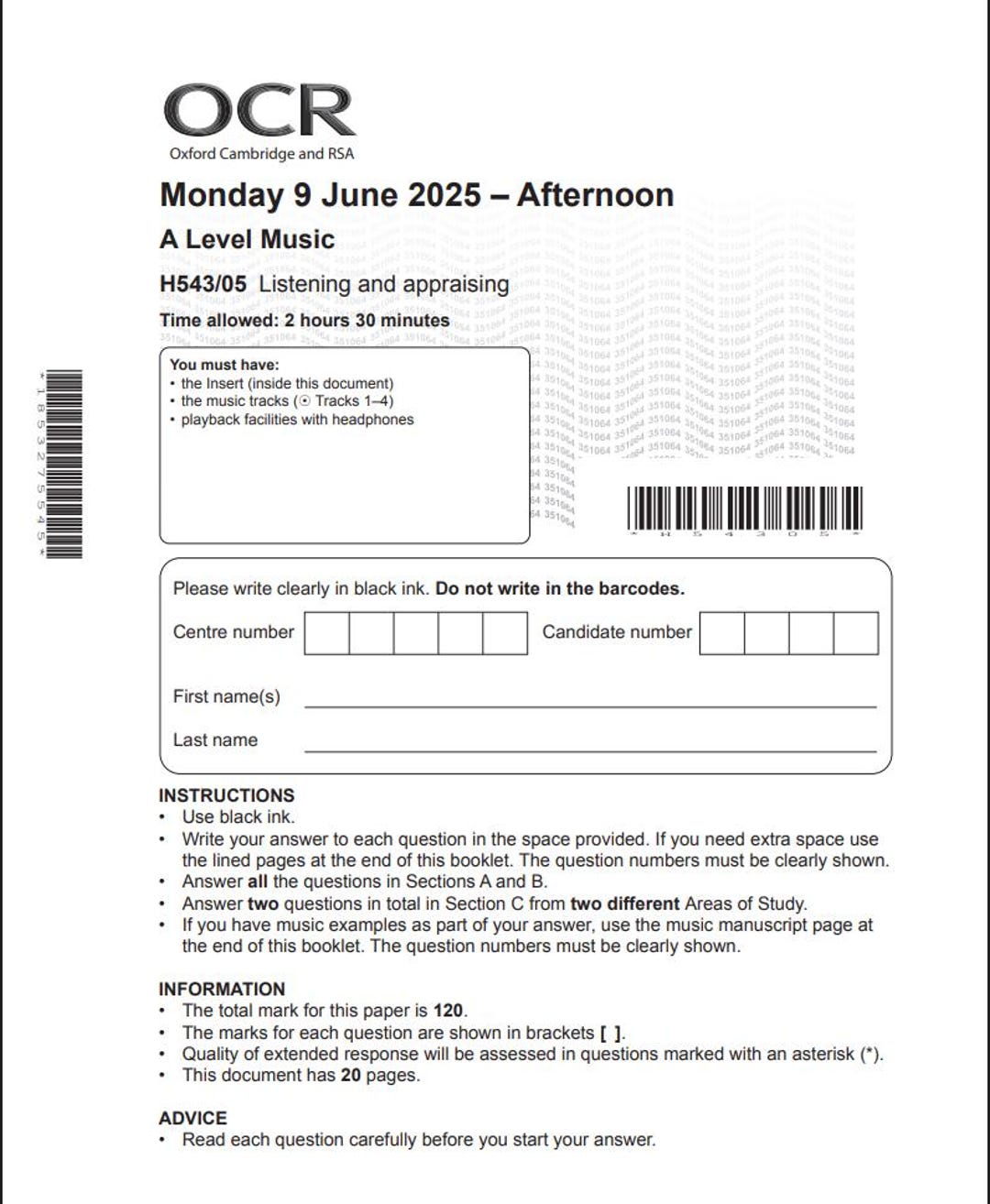OCR A Level Music Paper 5 2025 Mark Scheme H543/05 - Etsy Australia