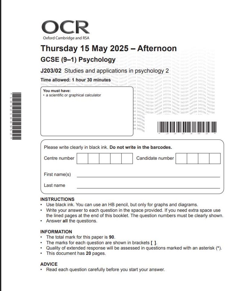OCR GCSE Psychology Paper 2 2025 Mark Scheme J20302 - Etsy UK