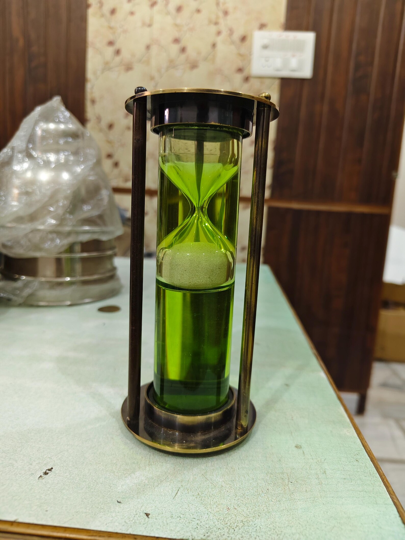 Antique Brass Sand Timer | Green Liquid Hourglass Decor, 8 Inch ...