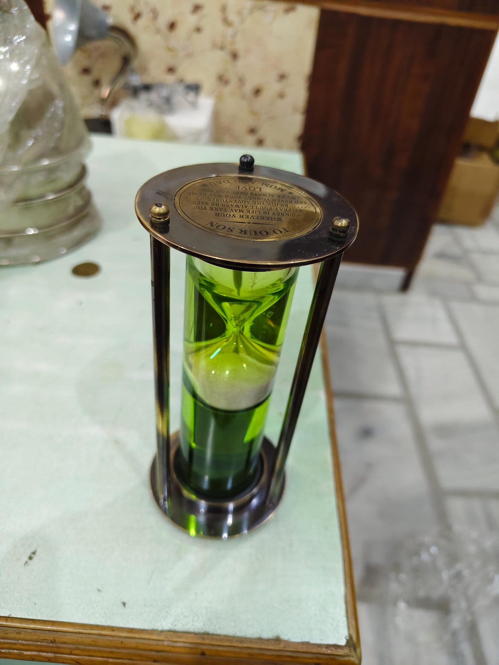 Antique Brass Sand Timer | Green Liquid Hourglass Decor, 8 Inch ...
