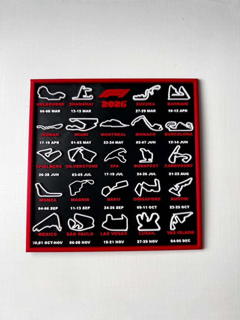 3D Printed Formula 1 Calendar With Dates, Names and Track for 2026 ...
