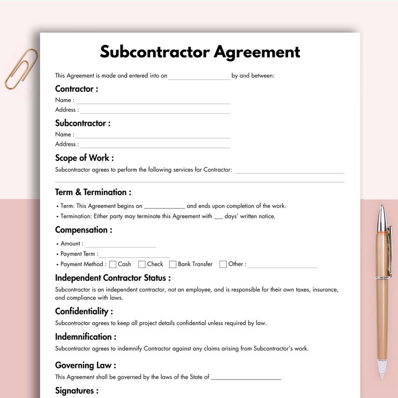 Subcontractor Agreement, Printable Job Subcontractor Form Template ...