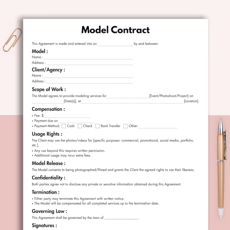 Model Contract, Printable Modeling Services Form Template, Editable ...