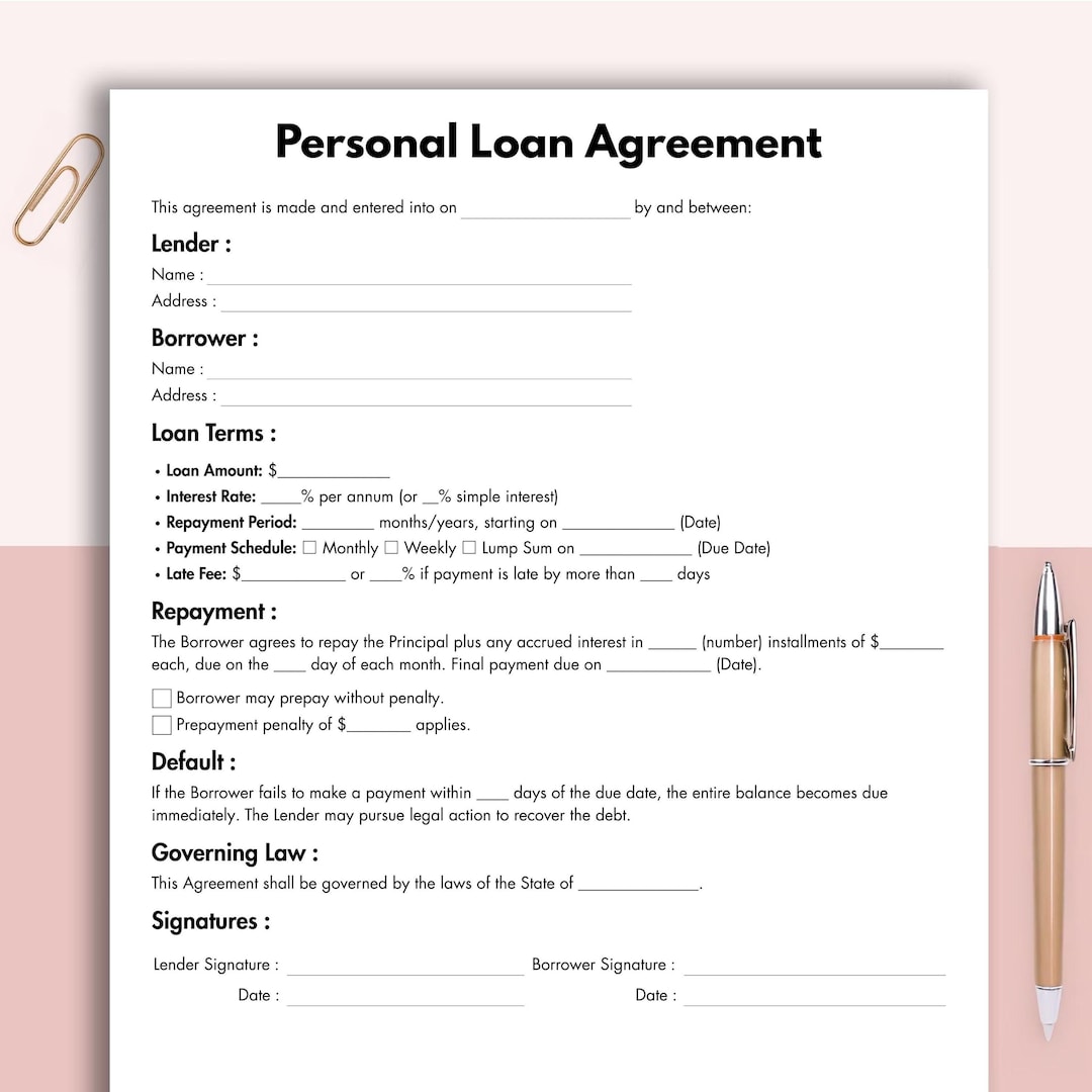 Personal Loan Agreement, Printable Promissory Note Template, Editable ...
