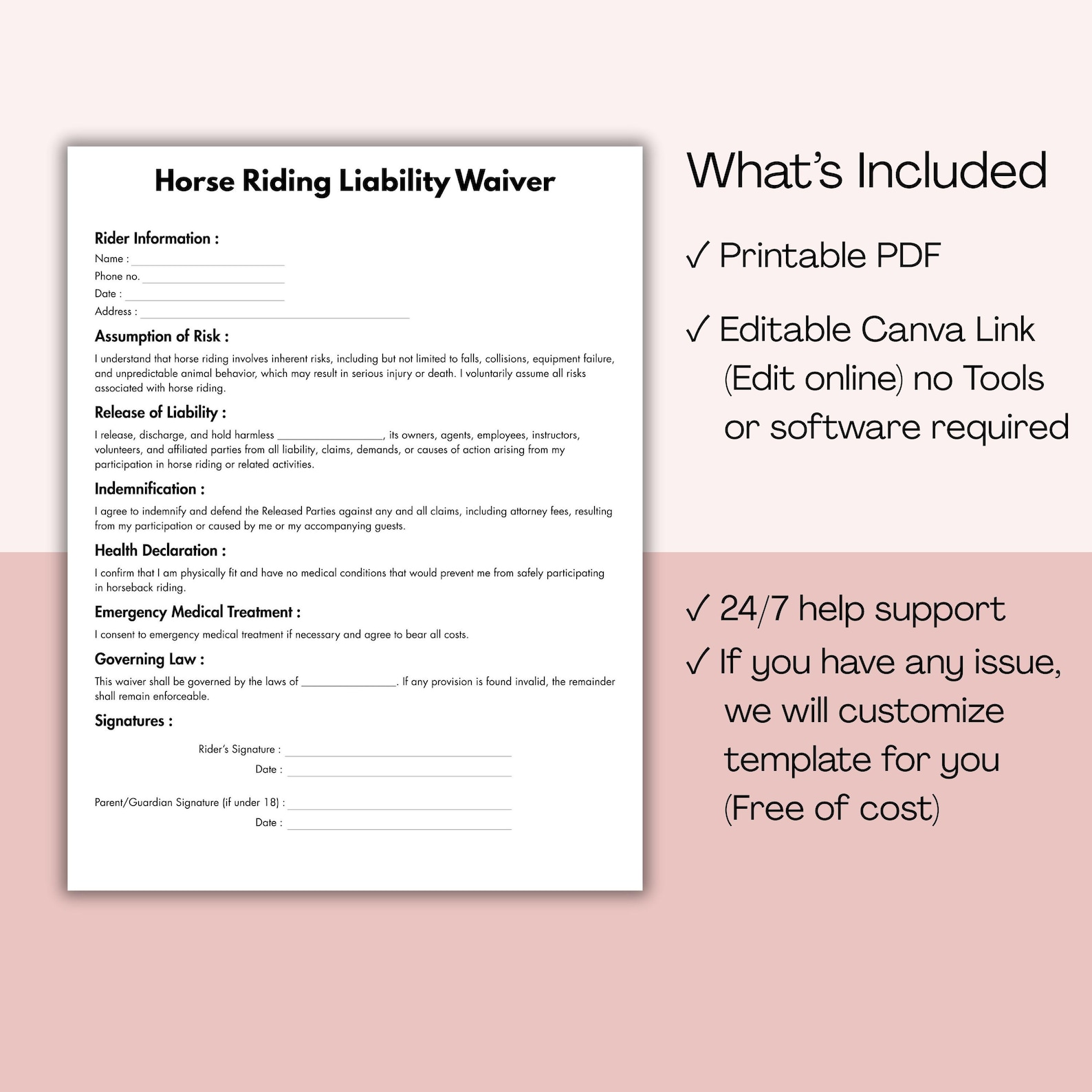 Horse Riding Liability Waiver, Printable Equine Waiver Form Template ...