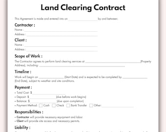 Editable Land Clearing Contract, Simple Land Management Document Form ...