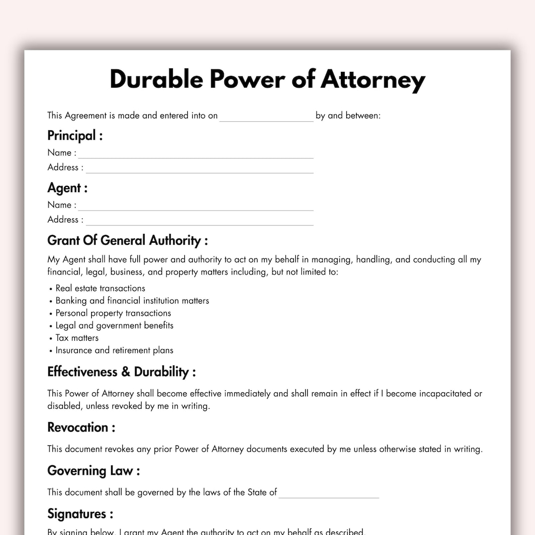 Durable Power of Attorney, Printable Durable Financial POA Form ...