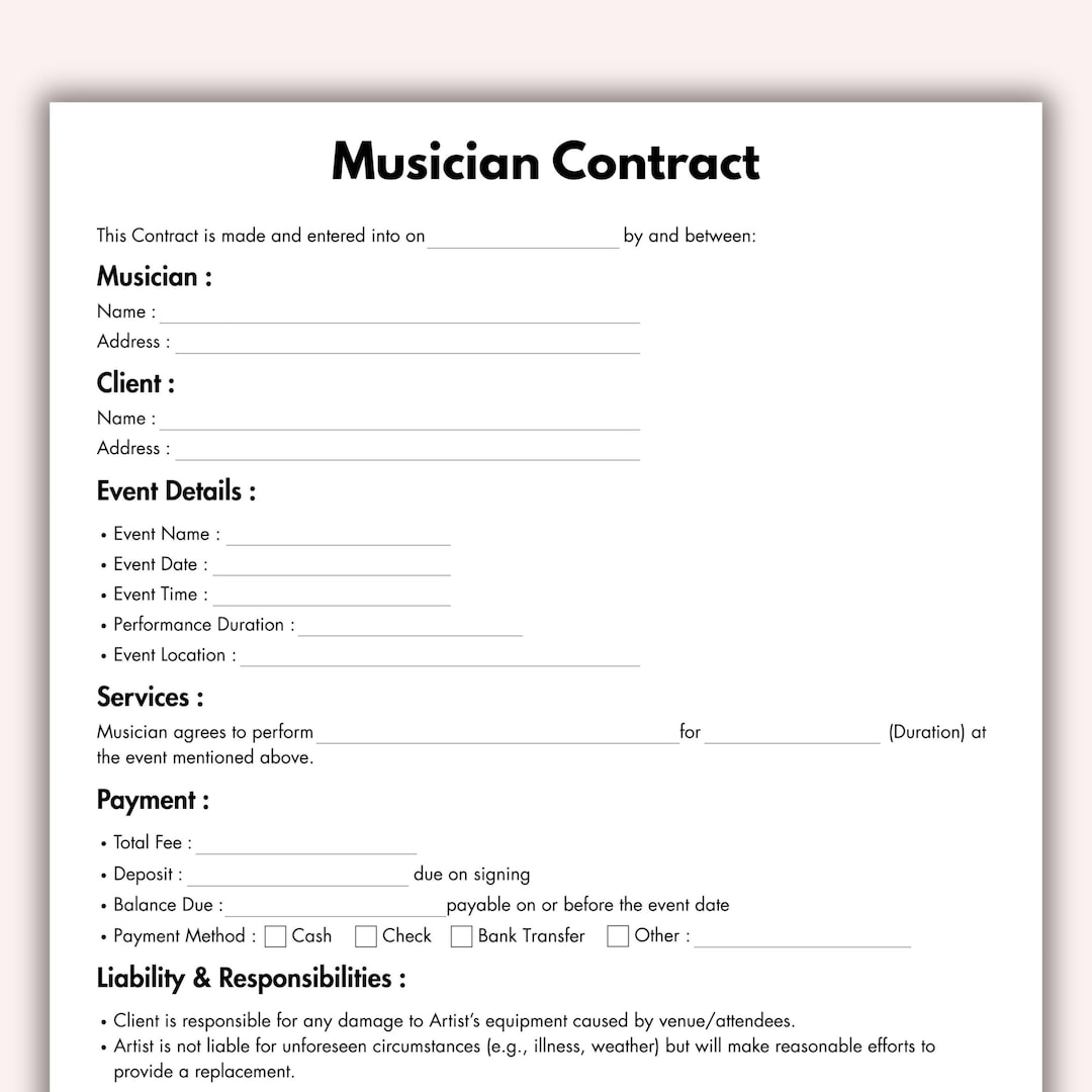 Musician Contract, Printable Musician Collaboration Form Template ...