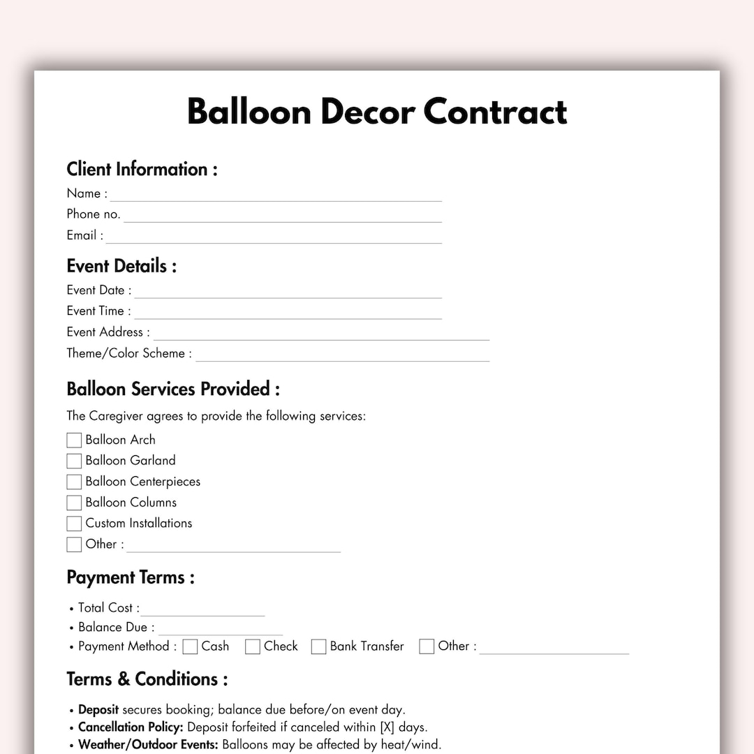 Balloon Decor Contract, Printable Balloon Artist Service Agreement ...