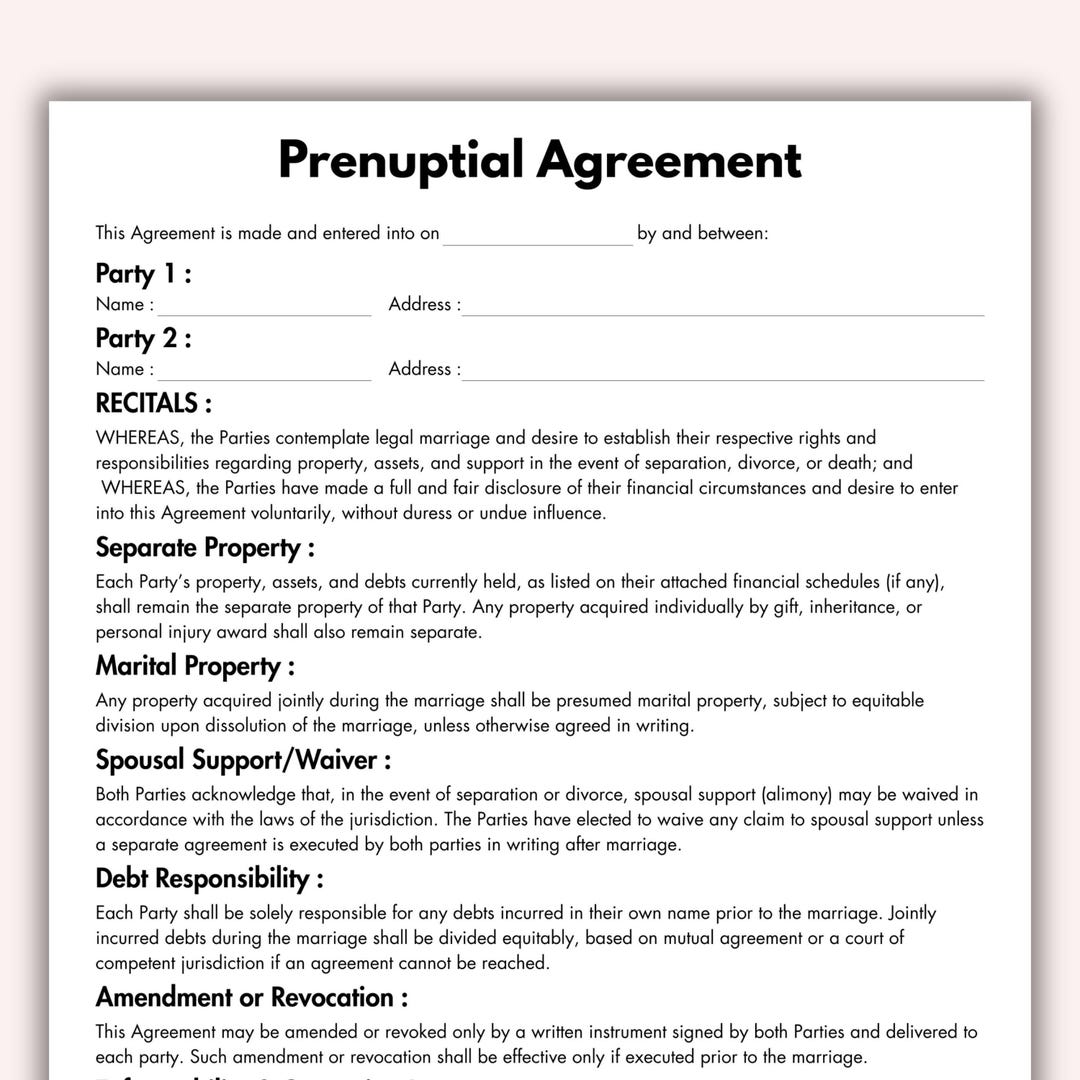 Prenuptial Agreement, Printable Prenup Form Template, Editable ...