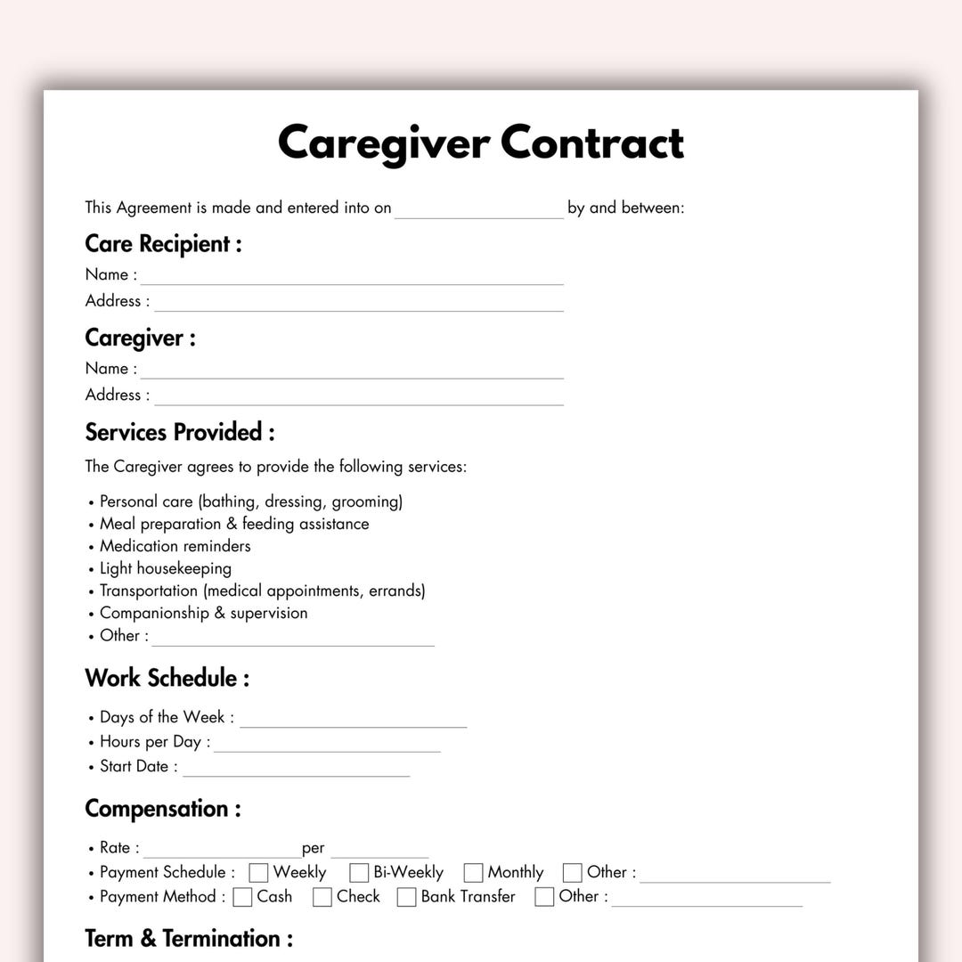 Caregiver Contract, Printable Nanny Contract Template, Editable Elder ...