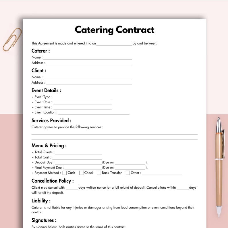 Catering Contract, Printable Catering Service Contract Template ...