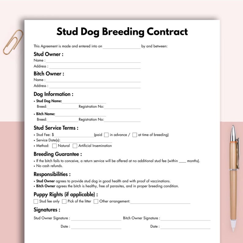 Stud Dog Breeding Contract, Printable Canine Stud Dog Form Template ...